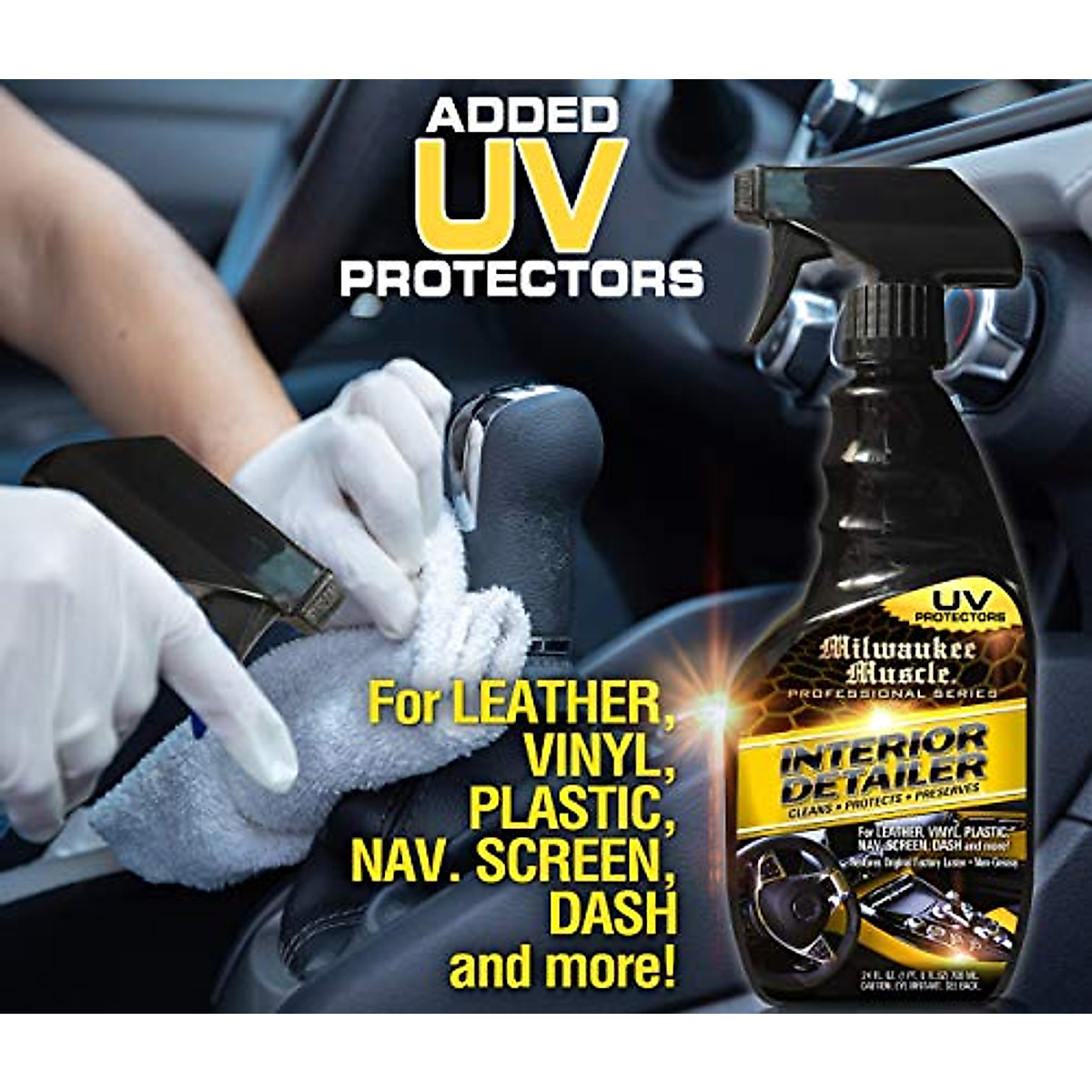 Milwaukee Muscle - Auto Car Interior Cleaner Detailer Spray - 24 Fl Oz - For Cars, Bikes, Boats - Cleaner and Conditioner For Leather, Vinyl, Plastics, Screens - Upholstery Protectant Detailing Spray