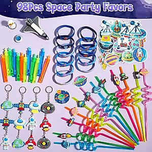 Mishopy 98 Outer Space Party Favors Galaxy Astronaut Birthday Supplies Straw Bubble Silicone Bracelet Keychain Sticker Boy Kid Girl Toy Gift Goodie Bags Stuffer Class Prize Space Themed Party Favors