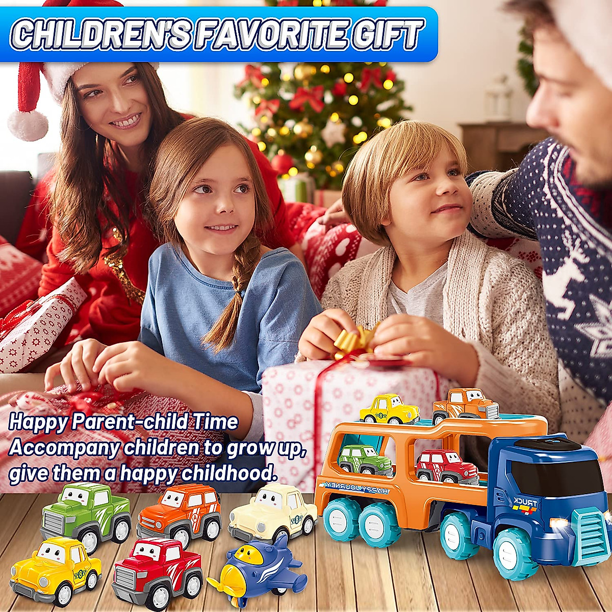 FGSOSO Toys for 1 2 3 4 5 Year Old Boy,7 in 1 Cartoon Vehicles Playset Carrier Car Toy Truck Transport Car with Lights and Melodys,Friction Power Push and Go Toys Car for Toddler Party Birthday Gifts