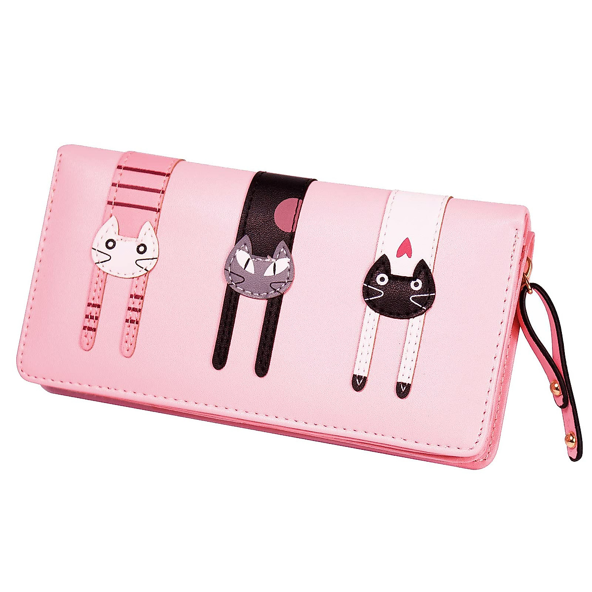 Valentoria® Birthday Gifts for Women's Mini Faux Leather Bifold 3 Cat Design Clutch Wallet(Long Pink)