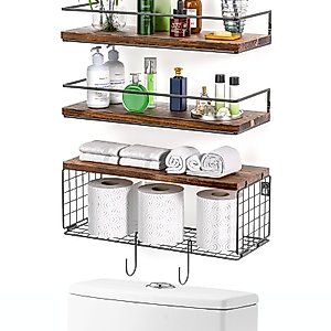 WOCOPIA 3+3 Wall Mounted Bathroom Shelf Over Toilet with Toilet Paper Storage Basket & Hooks, Bathroom Organizers and Storage, Hanging Corner Shelf Floating Shelves for Bathroom Wall Room Decor Brown