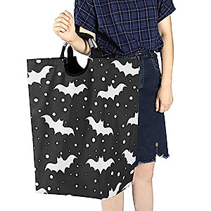 Kaariok Halloween Bats Black White Polka Dots Laundry Hamper with Handles Waterproof Collapsible Storage Basket Large Dirty Clothes Bin for Laundry Room, 22.7 Inches