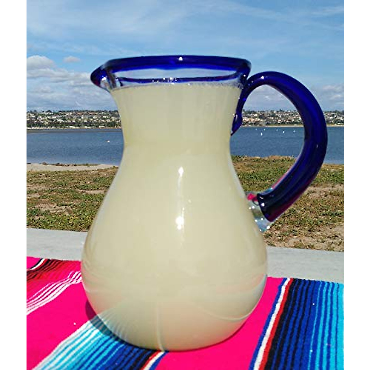 Mexican Hand Blown Glass Pitcher – Cobalt Blue Rim and Handle (84 oz)