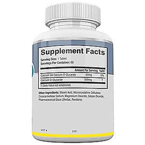 Calcium D-Glucarate 500mg- CDG for Liver Detox, Cleanse, Menopause, Estrogen Management | 60 Tablets Cal D Glucarate Supplements