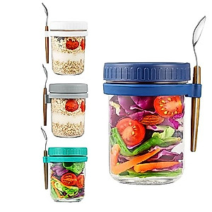 Overnight Oats Container with Lid and Spoons Set of 4,16 oz Glass Mason Overnight Oats Jars,with Measurement Marks, Large Capacity Airtight Jars for Milk, Vegetable and fruit Salad Storage Container. (Four colors)