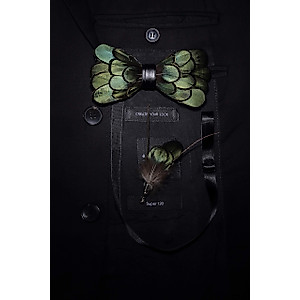 RBOCOTT Green Feather Pre-tied Bow tie Leather Bowtie and Brooch Sets for Men(6)
