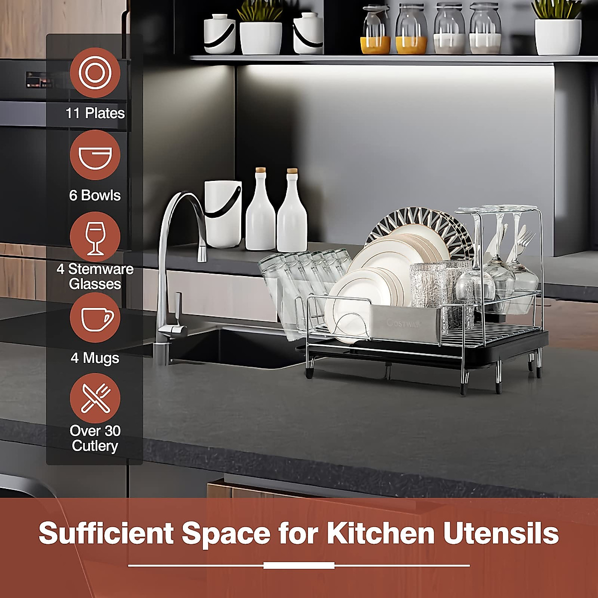 Giantex Stainless Steel Dish Rack, Expandable Dish Drainer Rack with Cutlery Cup Glass Holder, Removable Drip Tray, 360-Degree Swiveling Spout, Rust Proof Dish Dryer Rack for Kitchen Counter