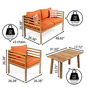 JONATHAN Y LVG1200C-4SET Thom 4-Piece Mid-Century Modern Acacia Wood Outdoor Patio Set with Cushions and Plaid Decorative Pillows Classic, Industrial, Scandinavian, Bohemian, Orange/Teak Brown