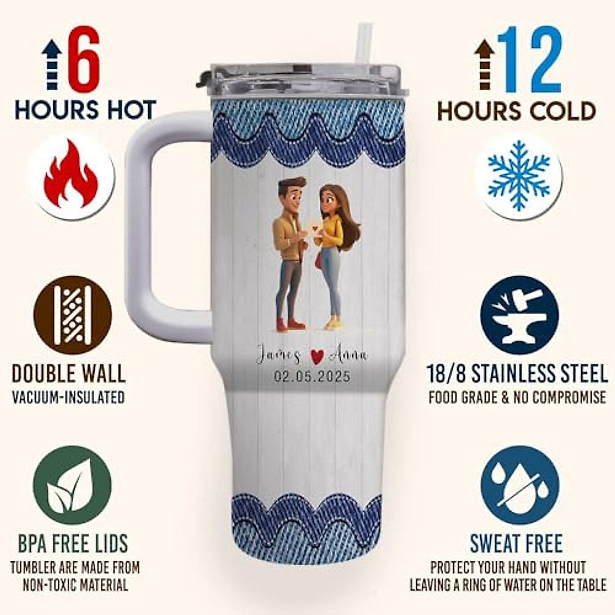 Custom 40oz Tumbler with Handle – Valentine's day photo-Personalized Couple Gift for Anniversary Wedding Gift, Birthday, Mother's Day, Valentine’s Day L9egXV