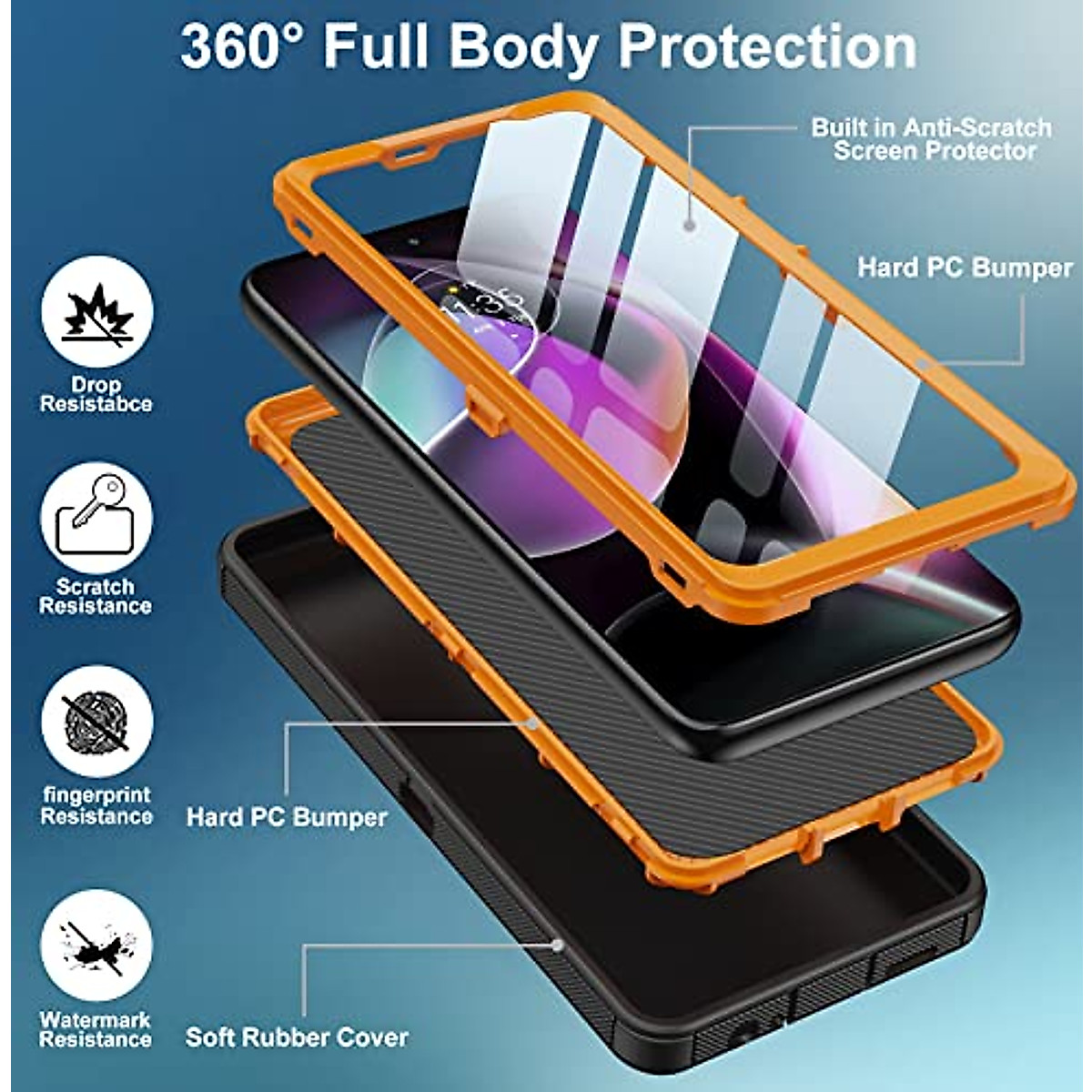 Aimoll-88 Moto G 5G 2022 Case: Heavy Duty Shockproof Protection, Built-in Screen Protector, Black/Orange