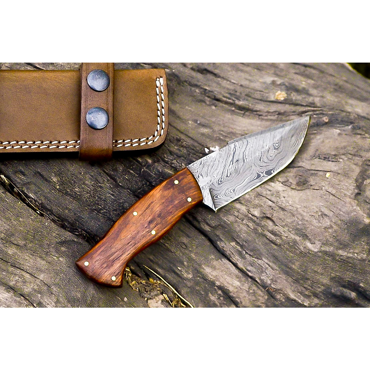Nooraki HK-319 Custom Handmade Damascus Steel Knife - Full Tang Rosewood Handle, with Leather Sheath 8 Overall Hunting Skinning Survival Knife (Damascus Steel)