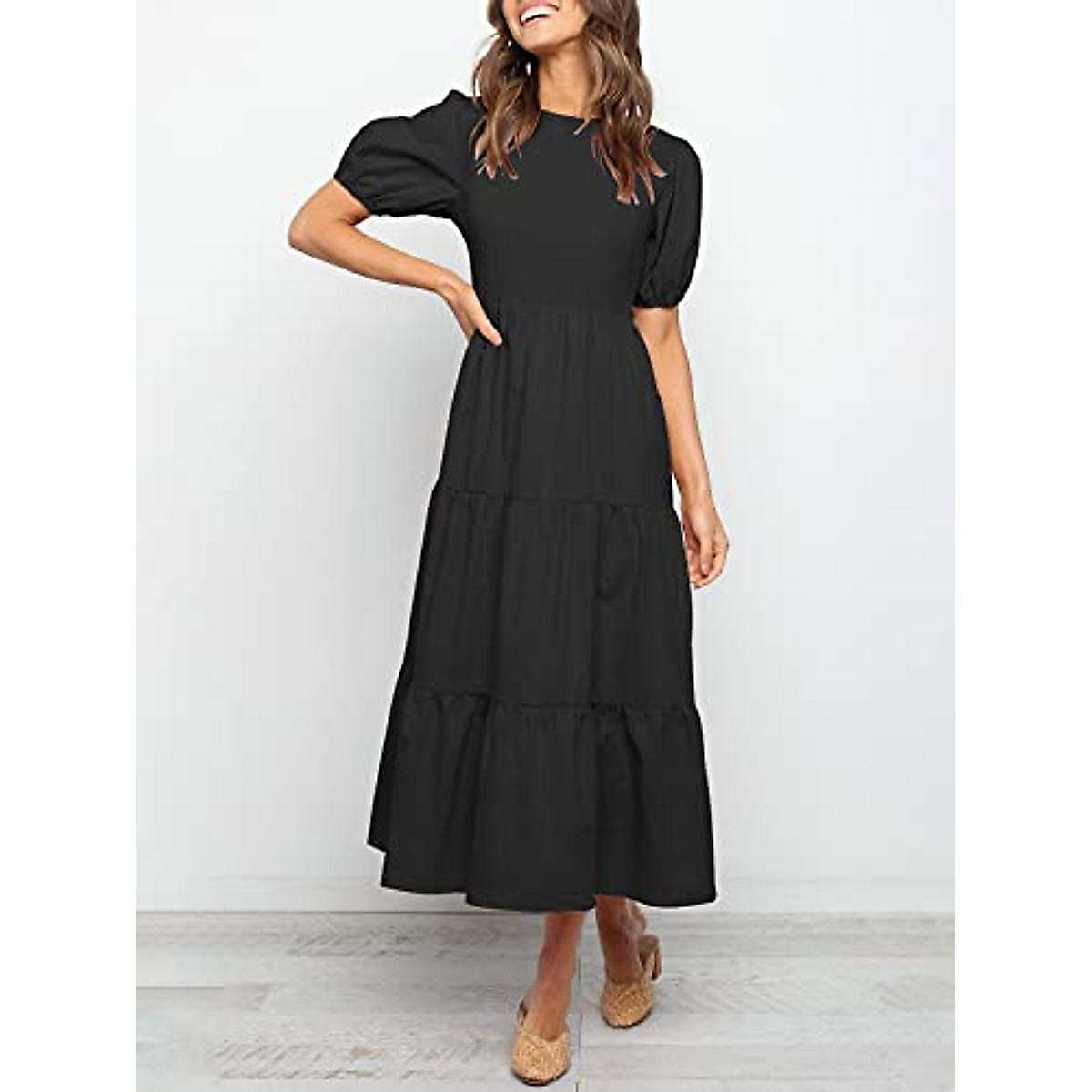 ZESICA Women's 2023 Casual Summer Crew Neck Short Puff Sleeve Smocked High Waist Ruffle Tiered A Line Midi Dress,Black,Medium