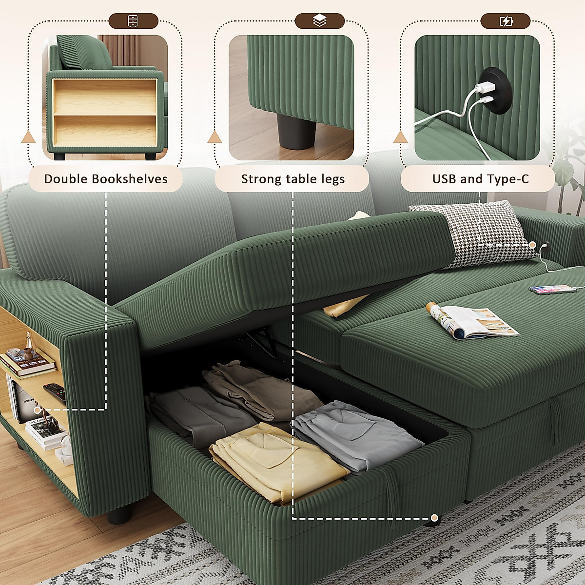 Flamaker 80" Sleeper Sofa, Sofa Bed with Built-in Large Storage and 2 Bookshelves, Convertible Sectional Sofa Couch, Pull Out Couch with USB, Modern Couches for Living Room (Corduroy, Green)