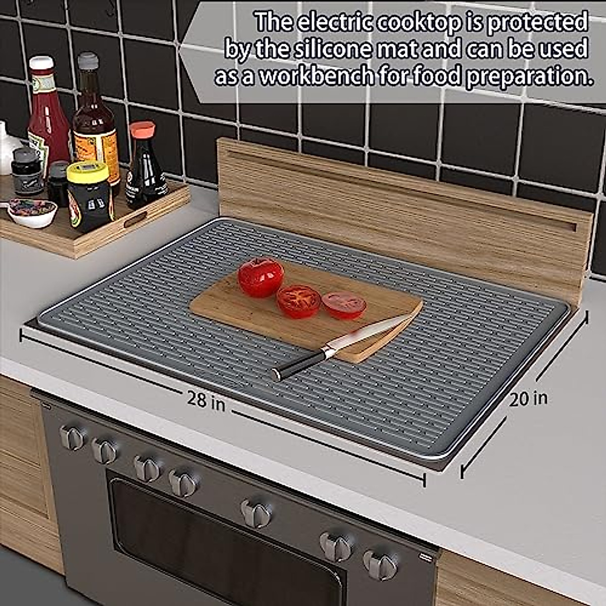 KEYFIVE Silicone Stove Top Cover for Electric Stove, 28 * 20 inches Extra Large Silicone Dish Drying Mat, Glass Top Stove Cover To Protect Kitchen Counter Surface And Prevent Scratching- Grey