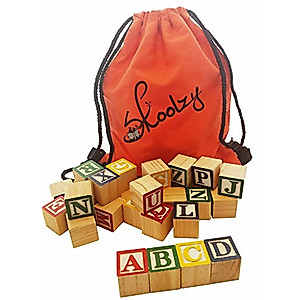 Skoolzy ABC Wooden Blocks for Toddlers 30 Wood Alphabet Blocks Montessori Stacking Letter Preschool Learning Toys Develop Language Skills Boys and Girls Ages 2+ Includes eBook & Storage Bag