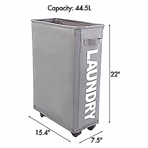 Mziart 22" Rolling Laundry Baskets on Wheels, Collapsible Slim Laundry Hamper Canvas Flexible Laundry Bag Storage Bin Organizer Dirty Clothes Sorter for Laundry Room Organization and Storage (Grey)
