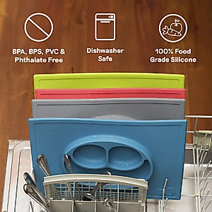 ezpz Happy Mat - 24 Months+ (Gray) - 100% Silicone Suction Plate with Built-in Placemat for Toddlers + Preschoolers - Divided Toddler Plates - Toddler Essentials