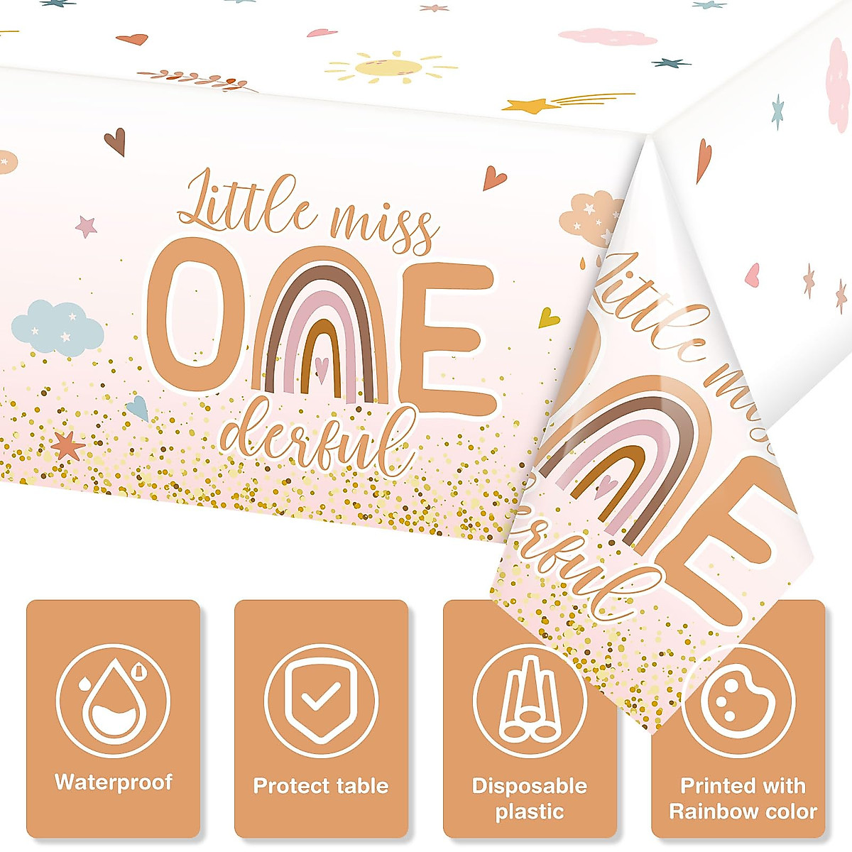 Tiamon 3 Pcs Boho 1st Birthday Tablecloth Decorations 108 x 54 Inch Plastic Rainbow Table Cover Little Miss Onederful Table Cloth for Rainbow Birthday Baby Shower Bohemian Party Supplies