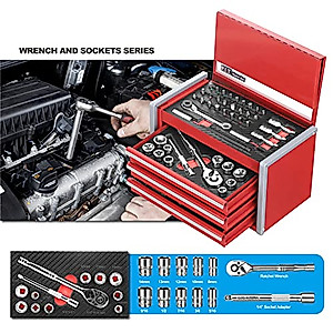 P.I.T. Portable 3 Drawer Steel Tool Box with 61-Pieces Mechanics Tool Set,Magnetic Locking, Red Hand Carry Tool Cases for Hand Tools Repair Tool Kit