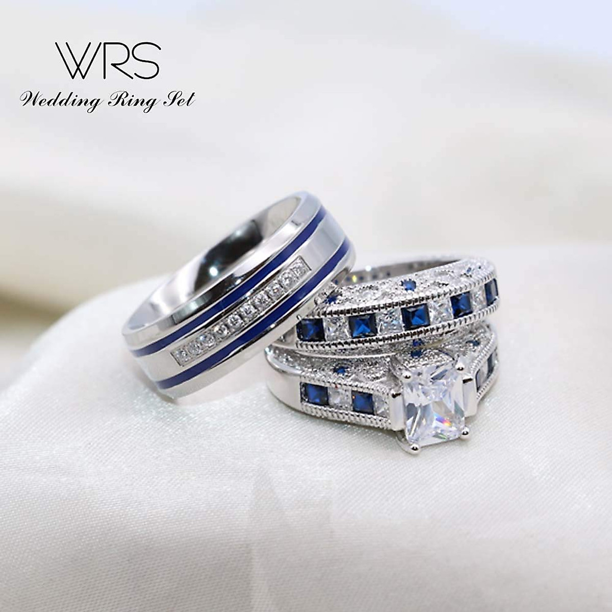 wedding ring set Two Rings His Hers Couples Matching Rings Women's 2pc White Gold Filled CZ Wedding Engagement Ring Bridal Sets Men's Stainless Steel Wedding Band