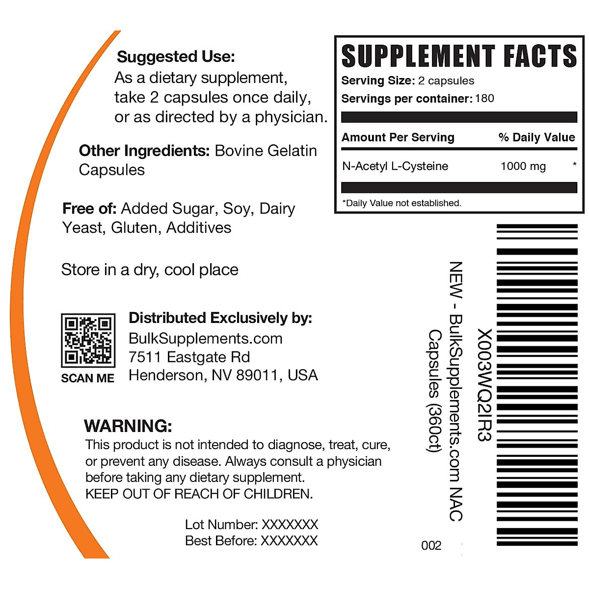 BulkSupplements.com N-Acetyl L-Cysteine 1000mg Capsules - N-Acetyl Cysteine 1000mg, NAC Supplement - NAC 1000mg, Gluten Free - 2 Capsules per Serving, 360 Capsules (Pack of 1)