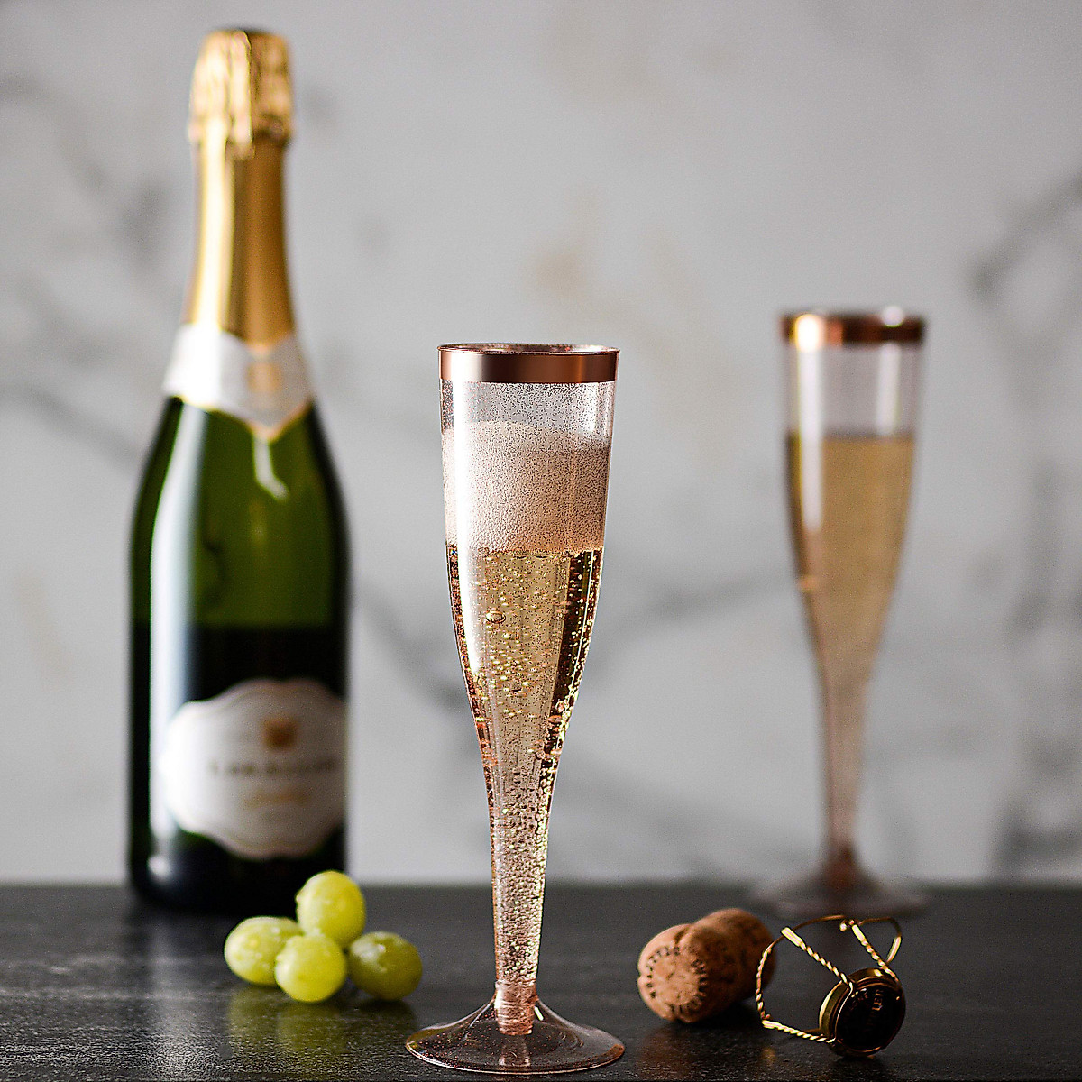 Rose Gold Plastic Champagne Flutes Disposable - Rose Gold Glitter with a Rose Gold Rim - [1 Box of 36 ] 6.5 Oz - Elegant Stylish Mimosa Glasses Perfect for Weddings Bachelorette Party, Events