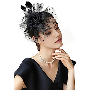 SHUERIET Fascinators Hat Flower MeshVeil Ribbons Feathers on a Headband and a Clip Tea Party Headwear for Girls and Women (a1-Black)