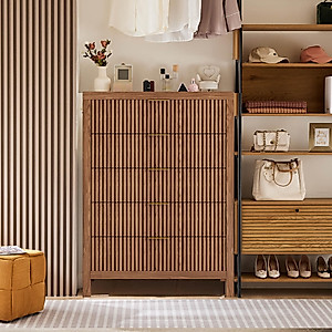 MJADUE Fluted 5 Drawers Dresser, 43" Tall Modern Chest of Drawers Wood Drawer Organizer Dresser for Bedroom Chest of Drawers for Bedroom, Living Room, Hallway, Entryway, Walnut Oak