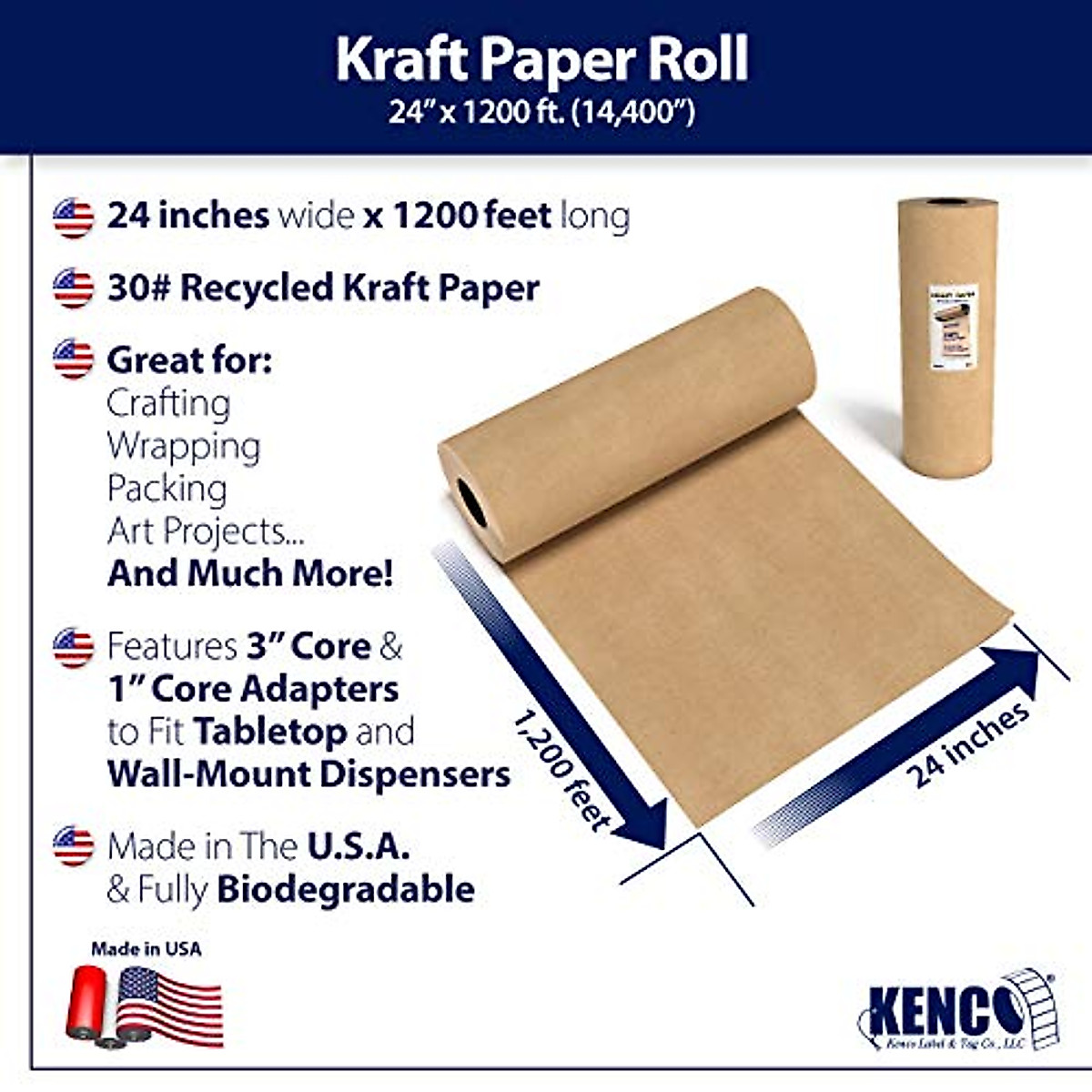 Brown Kraft Paper Roll - 24 Inch X 1200 Feet - for Gift Wrapping, Crafts, Packing, Void Filling - Made in The USA