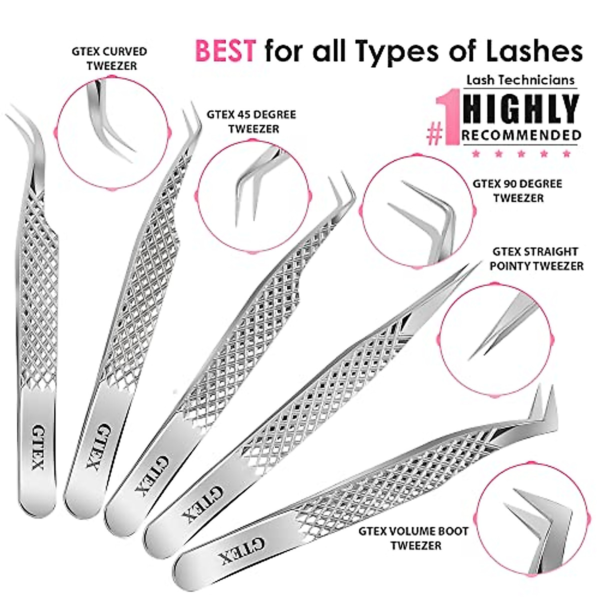 GTEX Lash Tweezers For Eyelash Extensions Tweezers Set of 5, Japanese Stainless Steel, Straight Curved 45 90 Degree Volume Eyelash Tweezers - SILVER