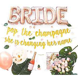 Bachelorette Party Decorations Kit | Bridal Shower Supplies | Bride to Be Sash, Ring Foil, Rose Balloons, Glitter Banner | Pop The Champagne She is Changing Her Name (Gold)