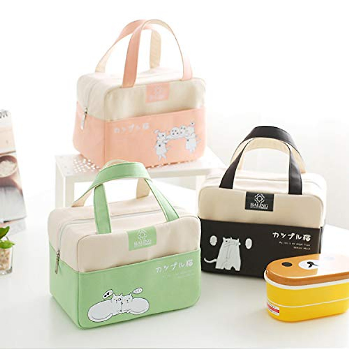 Reusable Canvas Cloth Thermos Lunchbag - Aluminum Foil Insulated With Pockets Durable Handles Thermal Cooler for Women Adults Office Work Student Kids Boys Girls