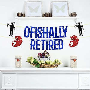 Ofishally Retired Banner, Happy Retirement ,Fishing Themed Retirement Party Decoration, Gone Fishing Themed Party Decoration(Double-sided Glitter)