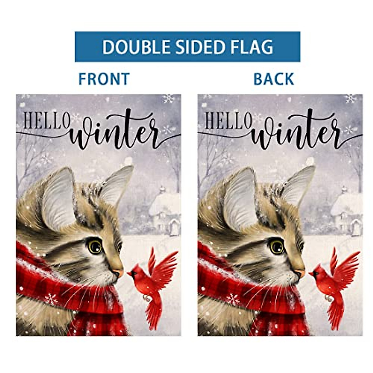 Winter Cat Garden Flag 12x18 Vertical Double Sided Cardinal Bird Snow Christmas Holiday Outside Decorations Burlap Yard Flag BW230