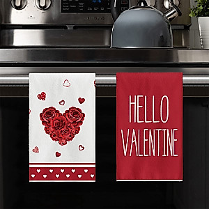 Artoid Mode Roses Hearts Hello Valentine's Day Kitchen Towels Dish Towels, 18x26 Inch Anniversary Decoration Hand Towels Set of 2