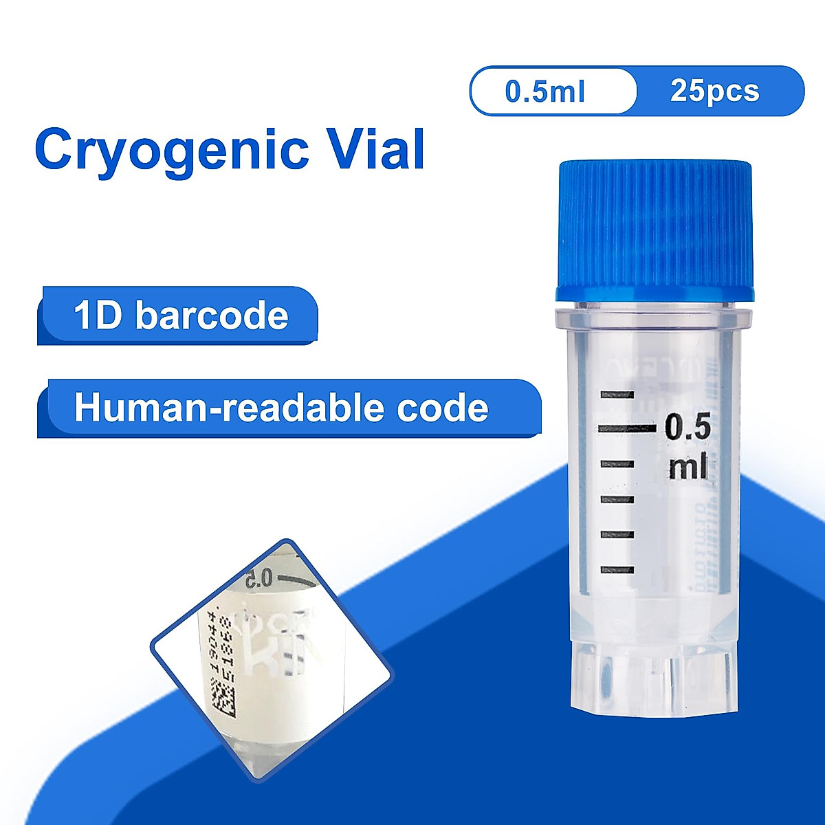 CryoKING 0.5ml Cyogenic Vials, Cryogenic Vials with External Thread Blue Caps, Sterile Vials with Self-Standing Bottom, No Bottom Code, with Side Barcode, Bag of 25