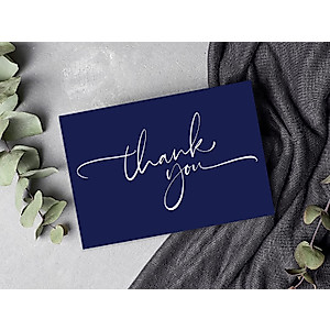 120 Classy Navy Blue Thank You Cards Bulk - Professional Looking - Thank You Greeting Notes, Blank Inside with matching Brown Kraft Envelopes & Stickers Perfect for Wedding, Business,Graduation & Much