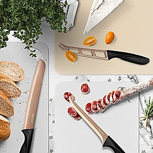 hecef 25 PCS Rose Gold Titanium Plated Kitchen Knife Set with Block and Cutting Mats, Cutlery Knife Set with Sharp Serrated Steak Knives, Boning Knife, Scissors, Sharpener, Peeler and Acrylic Stand