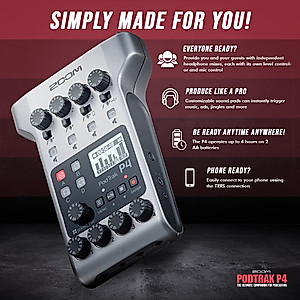 ZOOM PODTRAK P4 THE ULTIMATE RECORDER FOR PODCASTING with 64GB Memory Card, Samson R21S Dynamic Microphone, Samson SR360 Over-Ear Dynamic Stereo Headphones, and Essential Accessories Bundle