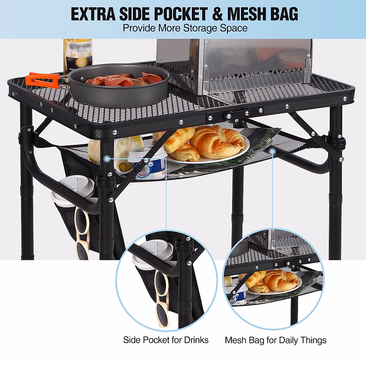 RedSwing Folding Grill Table, Lightweight Height Adjustable Aluminum Table with Mesh Desktop and Mesh Bag for Outdoor Camping Picnic BBQ, Small 2 Feet, Black