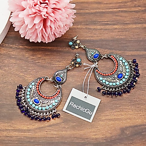 RechicGu Retro Silver Women Indian Earrings Tribal Vintage Crescent Blue Stone Jhumki Jhumka Banjara Kuchi Belly Dance Gypsy Oxidized Earrings