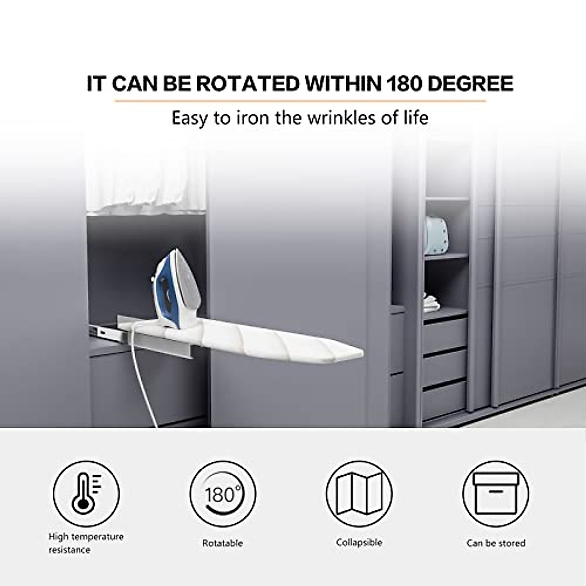 Closet Pull-Out Ironing Board Retractable 180 Degree Rotation Ironing Board Portable Folding Iron Board for Sewing, Craft Room, Household, Dorm 19.6" W x 13.7" D x 4.3" H
