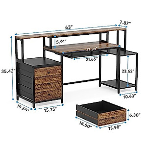 Tribesigns Computer Desk with 3 Drawers, 63 inch Home Office Desk with Monitor Shelf, Industrial Reversible Long PC Gaming Desk with Keyboard Tray, Study Writing Table Workstation, Vintage Brown