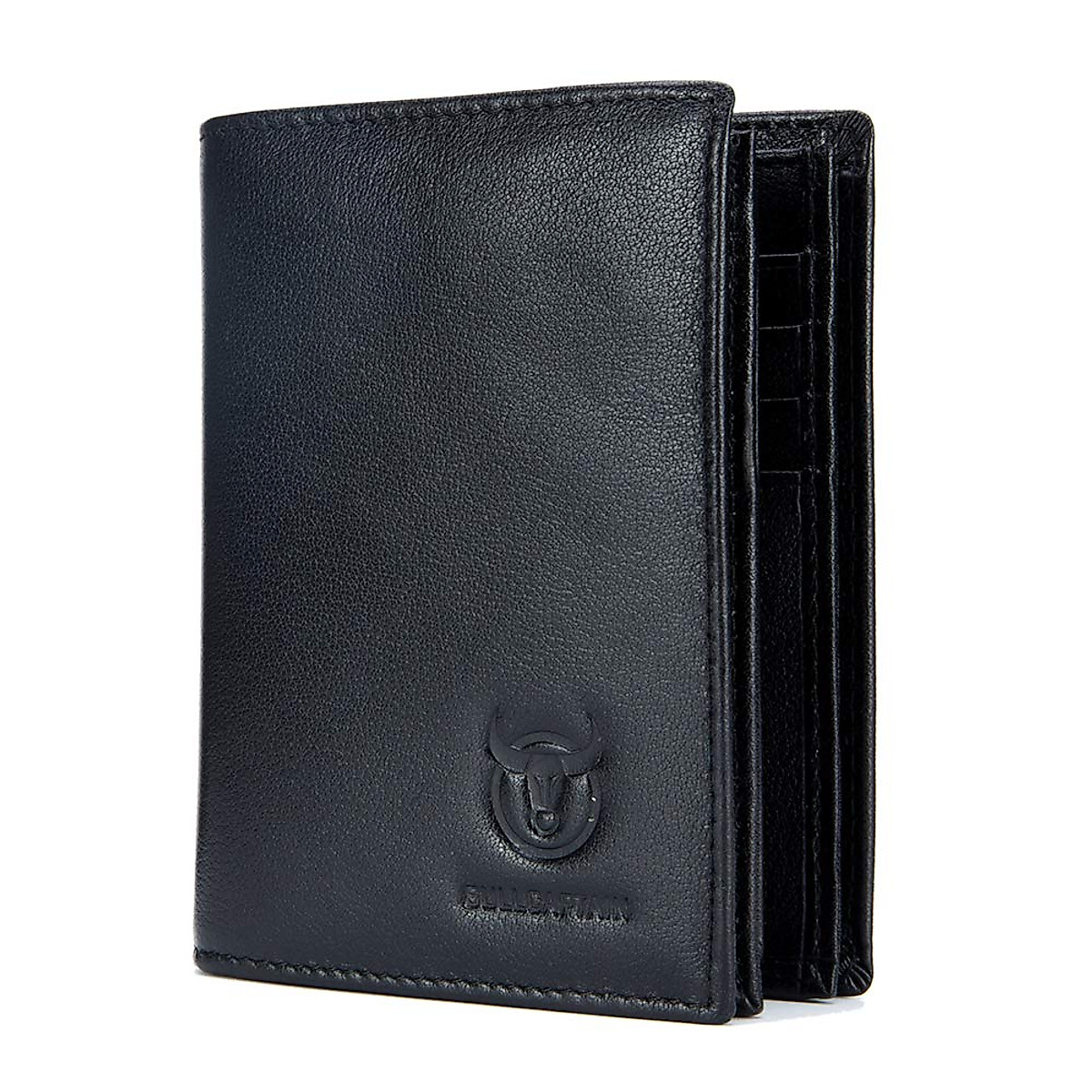 BULLCAPTAIN RFID Blocking Bifold Wallet For Men Genuine Leather Extra Capacity Travel Wallet with 2 Cash Compartments QB027 (Black)