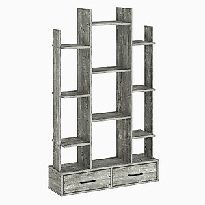 Rolanstar Bookshelf with 2 Wooden Drawers, Rustic Wood Bookshelves, Free Standing Book Shelf Industrial Shelf Free Standing Storage Shelf for Bedroom, Living Room, Home Office, Light Grey