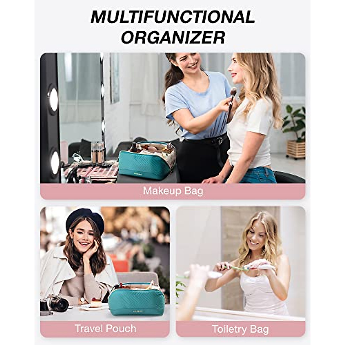 BAGSMART Makeup Bag Cosmetic Bag, Travel Makeup Bag,Water-resistent Makeup Bags for Women Portable Pouch Open Flat Make Up Organizer Bag for Toiletries, Brushes, Teal