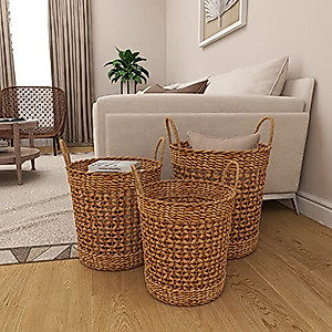 Deco 79 Dried Plant Handmade Woven Storage Basket with Handles, Set of 3 21", 18", 16"H, Brown