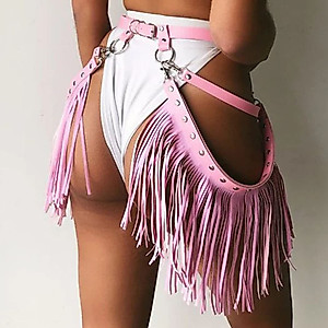 Asooll Punk Leather Waist Chain Black Tassel Fringe Belt Rave Belly Belt Harness Bikini Party Prom Body Accessories for Women and Girls (Pink)