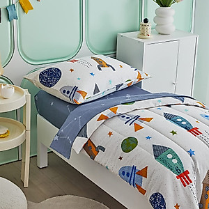100% Cotton 4 Pieces White Space Toddler Bedding Set with Colorful Rocket Stars and Planet Includes Adorable Quilted Comforter, Blue Gray Fitted Sheet, Top Sheet, and Pillow Case for Boys Girls