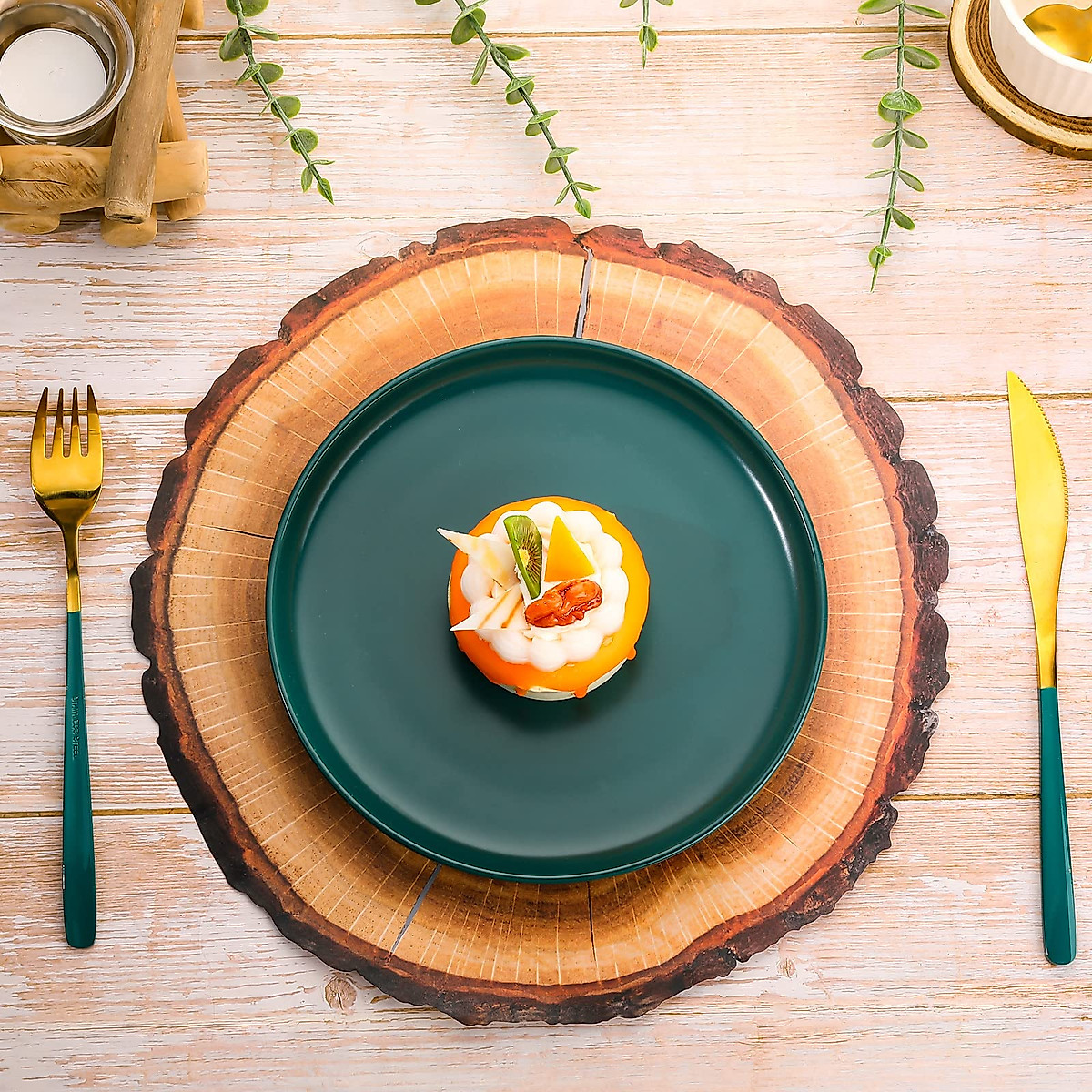 TaoBary 100 Pieces Disposable Wooden Slice Paper Place Mats Round Rustic Brown Wood Slices Charger Place Mat Bulk Table Paper Placemats for Summer Spring Fall Wedding Dinner Baby Shower Birthday Party